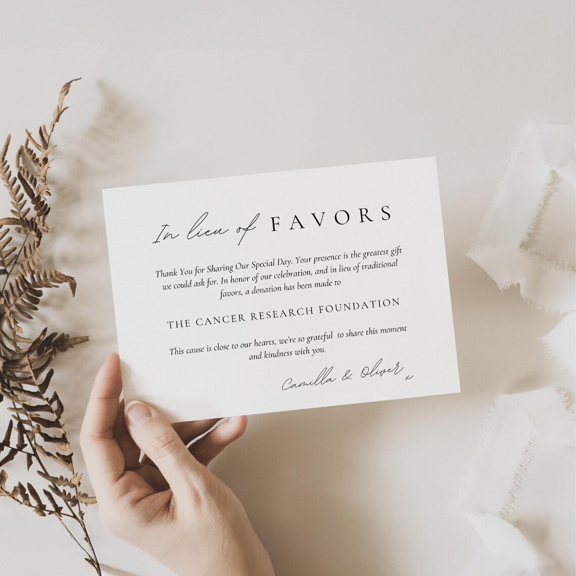 In Lieu of Favors Card, Editable Wedding Donation Template, Printable ...