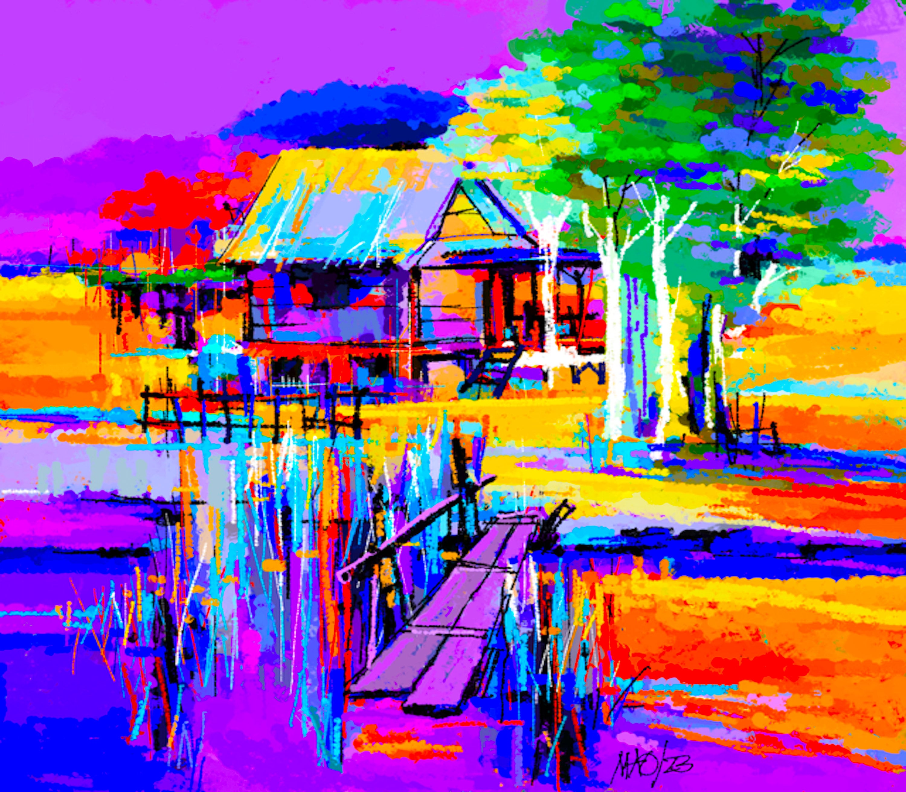 Bahay Kubo Art, Philippine Scene Painting, Oriental Art, Nipa Hut ...