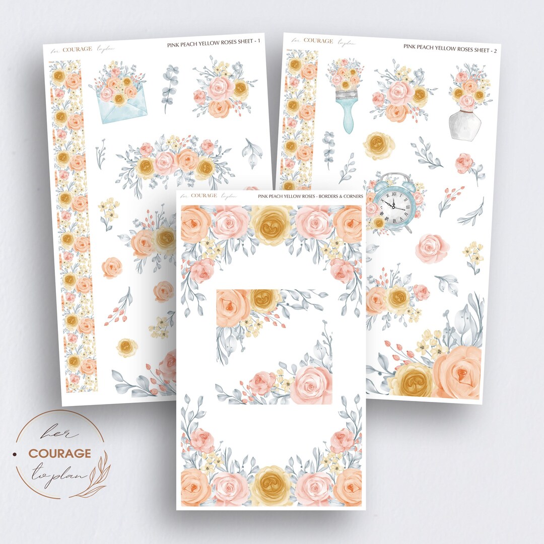 Floral Journal Stickers, PINK PEACH YELLOW Roses Stickers, Spring Pink ...