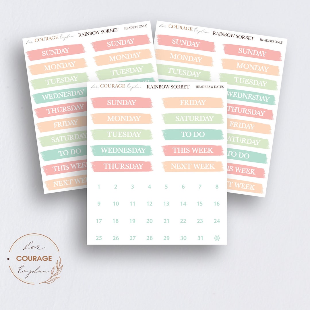 Weekly Date Covers Planner Stickers, Set of 3 RAINBOW SORBET Days of ...