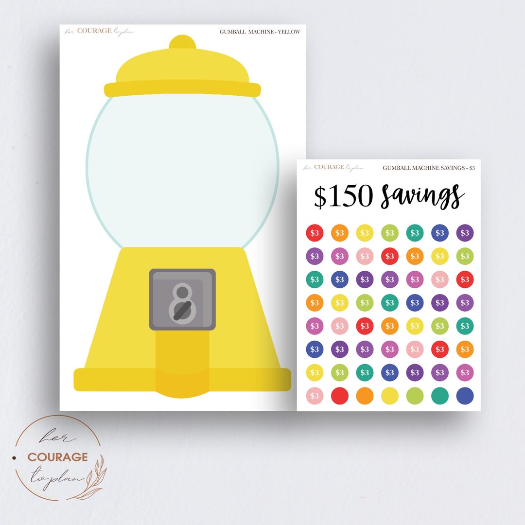 THREE DOLLAR Savings Challenge Stickers, Save 150 Dollars, Gumball ...