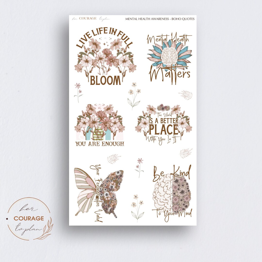 BOHO Positive Quotes and Floral Journal Stickers, Mental Health ...