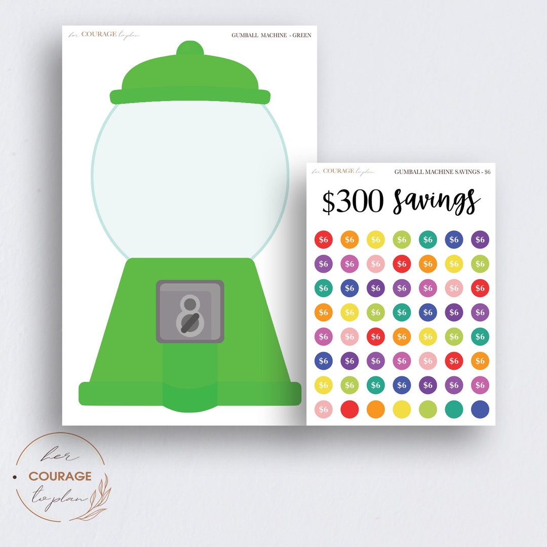 SIX DOLLAR Savings Challenge Stickers, Save 300 Dollars, Gumball ...
