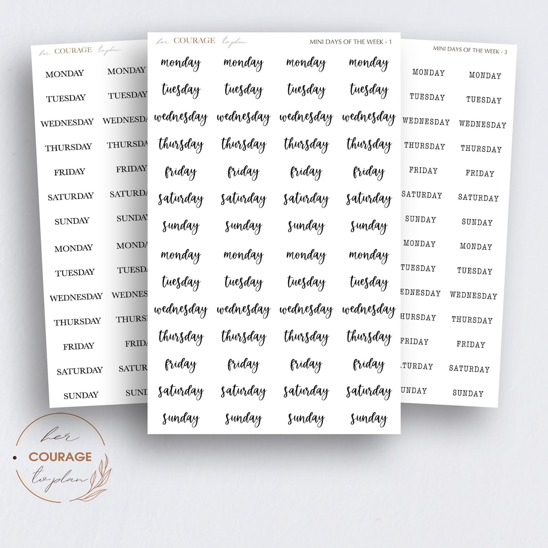 MINI Days of the Week Planner Stickers, Choose Your Font, Cursive ...