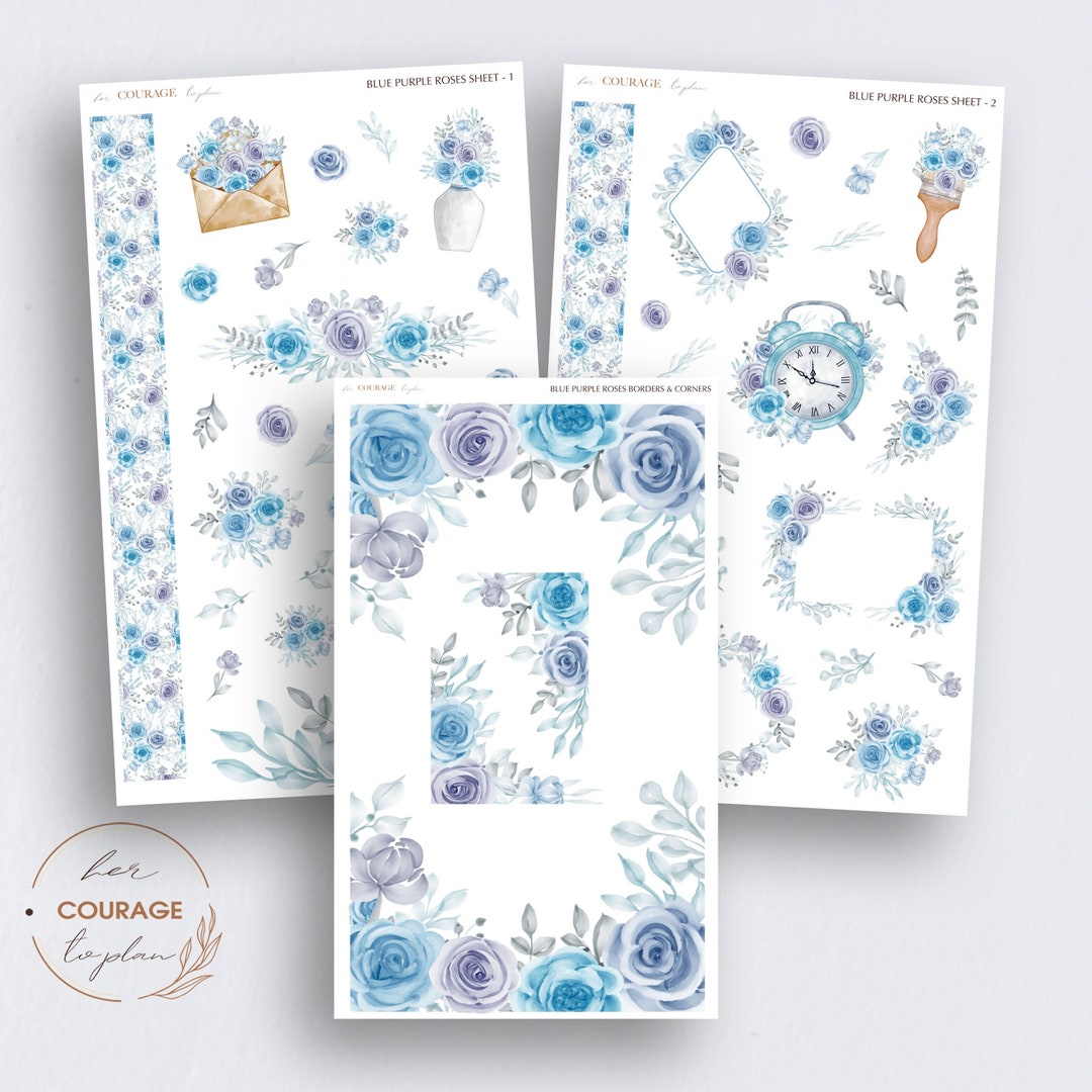 Floral Journal Stickers, BLUE PURPLE ROSES Planner Stickers, Winter ...