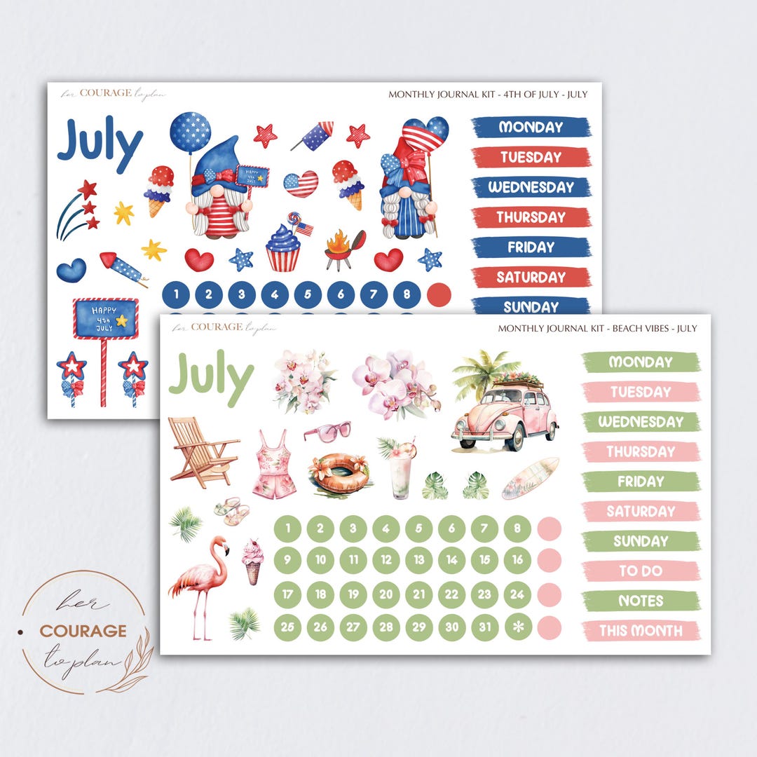 JULY Journal Planner Stickers, SUMMER Themed Monthly Planner Stickers ...