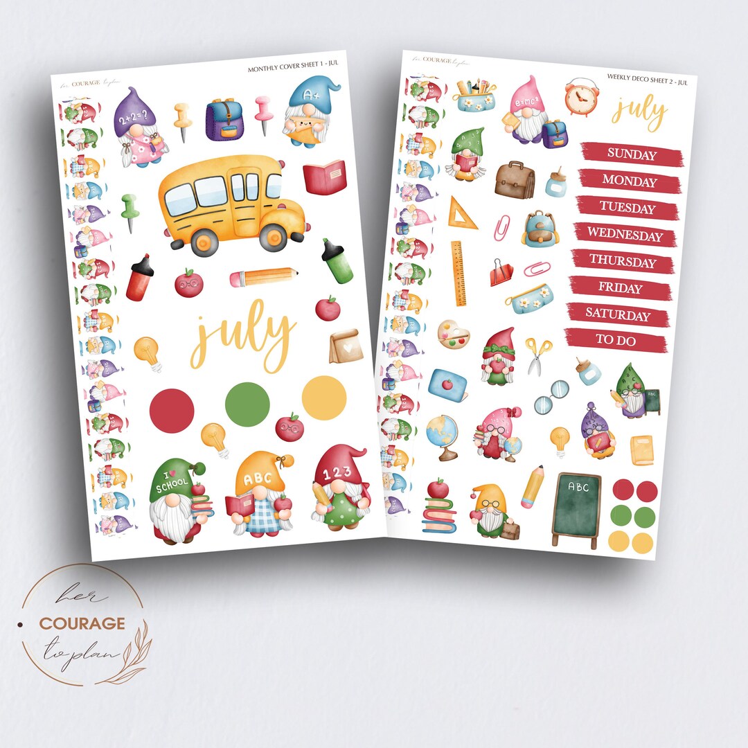 Gnome Planner Sticker Kit, SCHOOL Gnome WEEKLY Planner Kit Deco, JULY ...