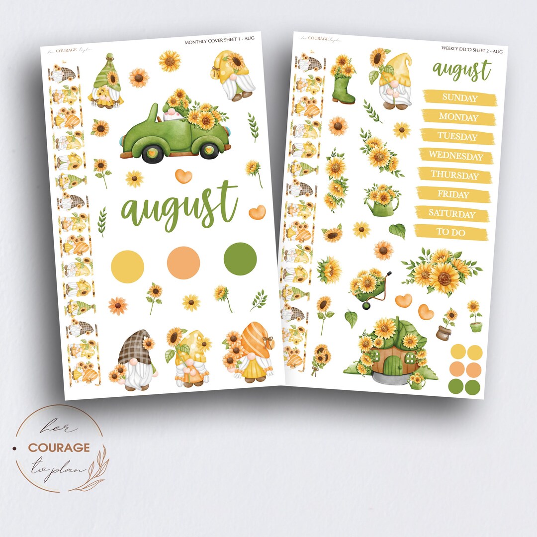 Gnome Planner Stickers Kit, SUNFLOWERS Gnome WEEKLY Planner Kit Deco ...