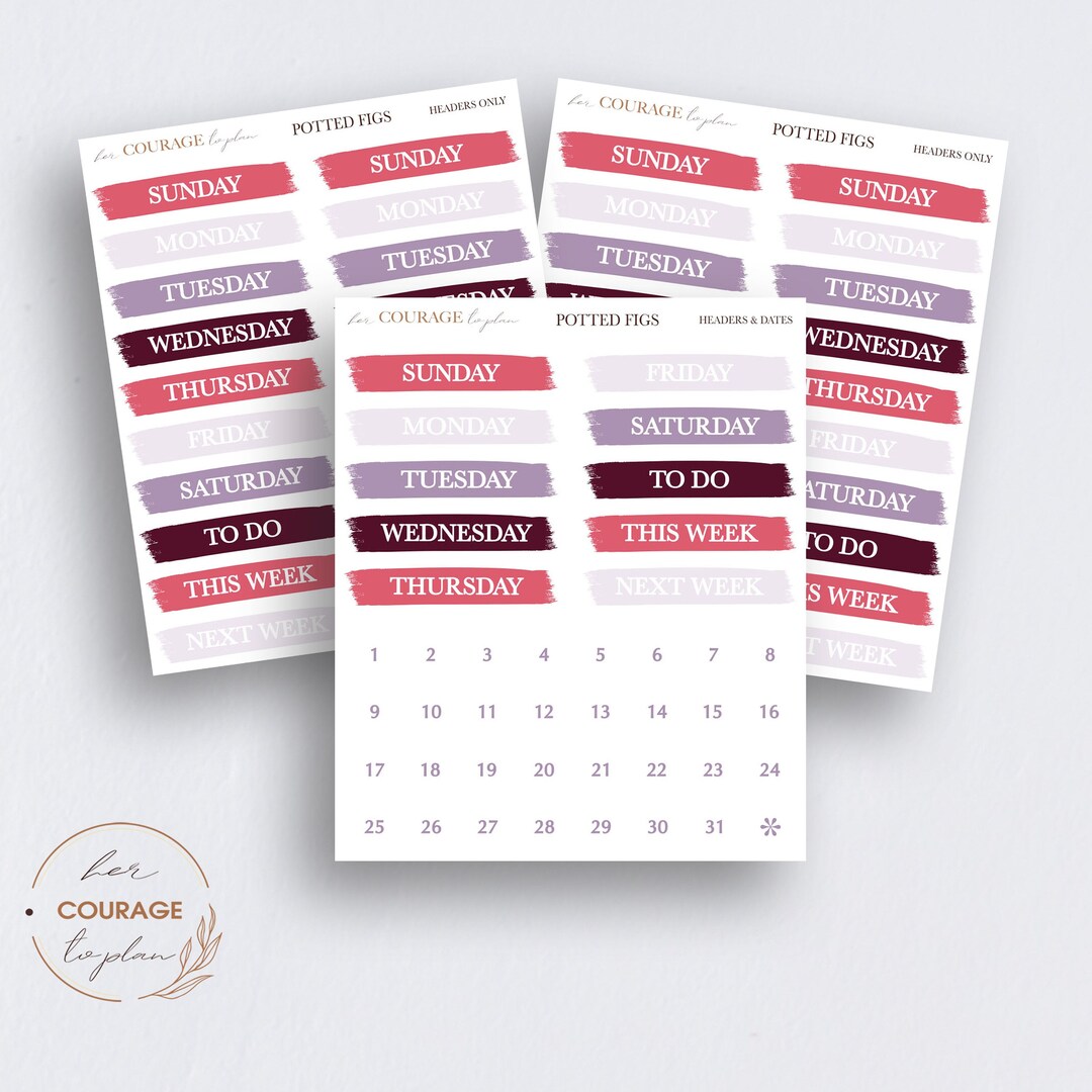 Weekly Date Covers Planner Stickers, Set of 3 POTTED FIGS Days of the ...