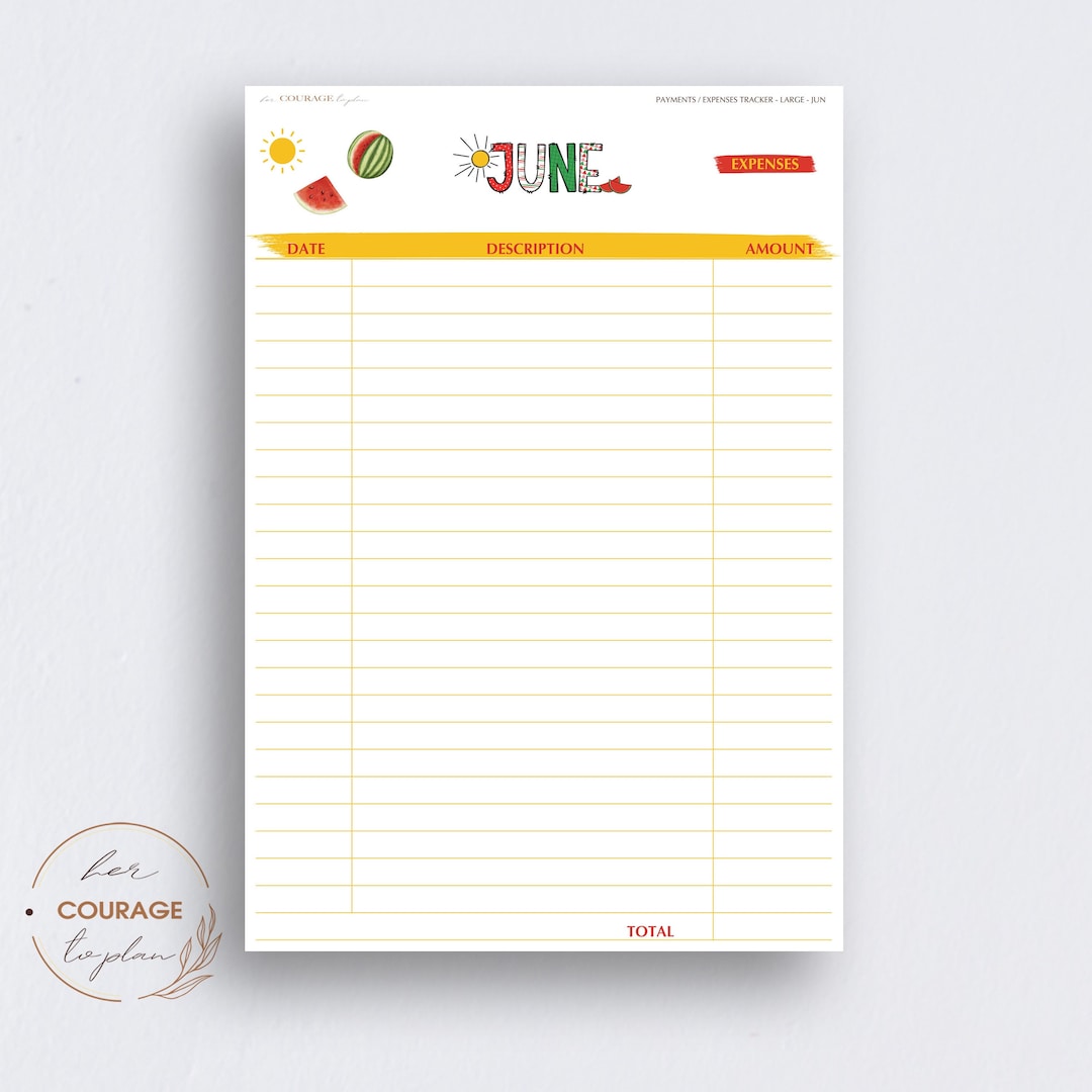 PRINTED Expense Bills Tracker Insert, JUNE Full Page Sticker, Cute ...