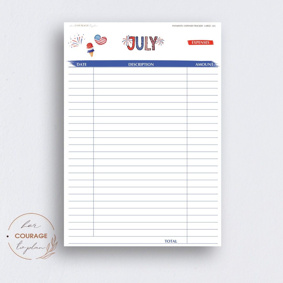 PRINTED Expense Bills Tracker Insert, JULY Full Page Sticker, Cute ...