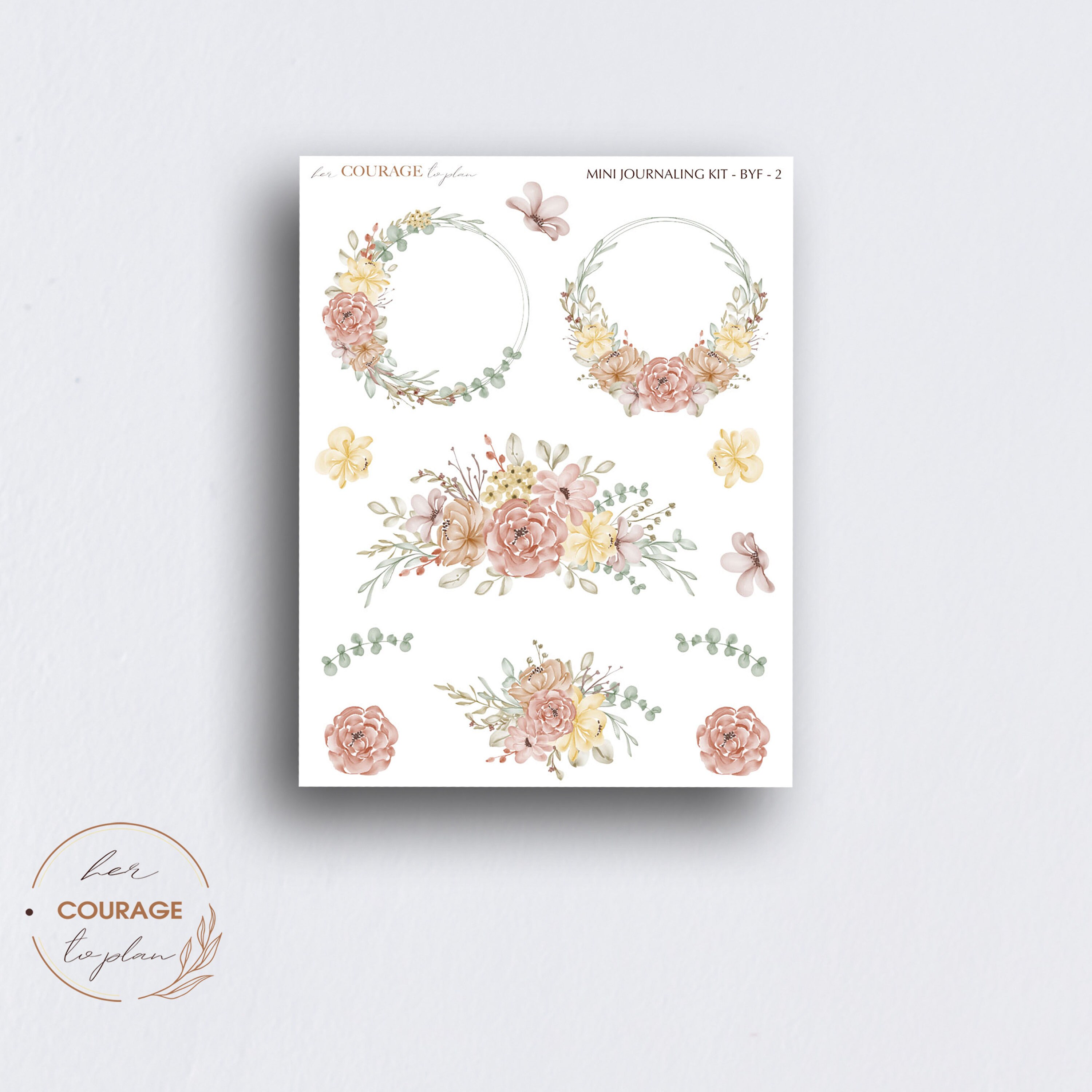 WEEKLY Journaling Deco Stickers, MINI Brown Yellow Flowers Planner Kit ...