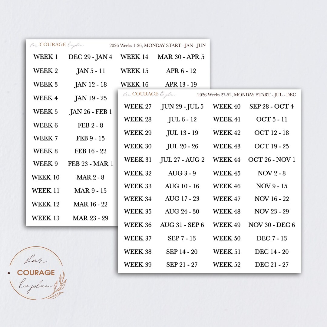 2026 WEEKS of the Year Date, MINI WEEKLY Dates Stickers, Monday or ...