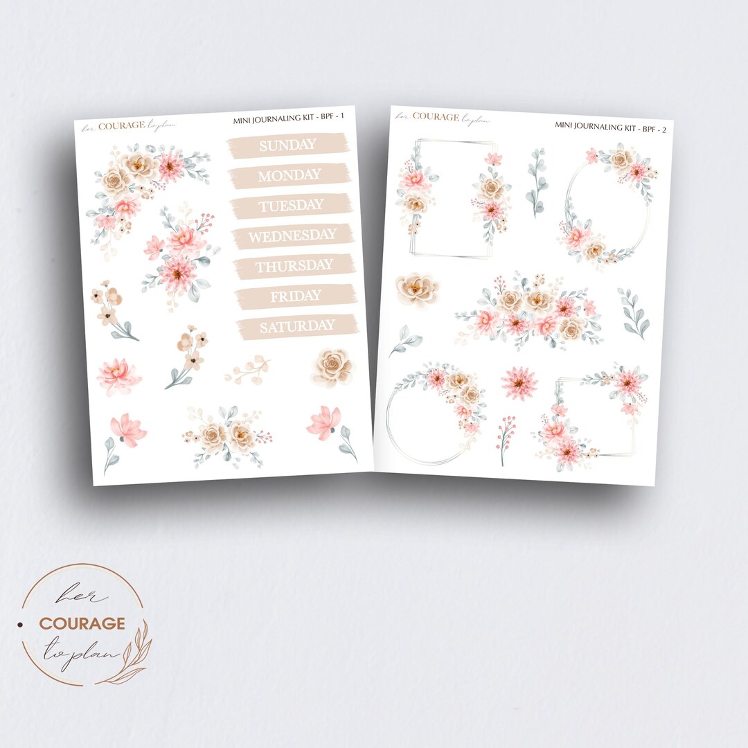WEEKLY Journaling Deco Stickers, MINI Brown Pink Flowers Planner Kit ...