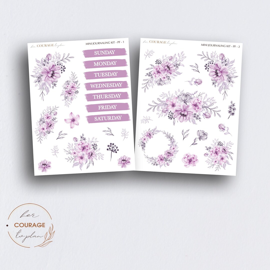 WEEKLY Journaling Deco Stickers, MINI Purple Flowers Planner Kit ...
