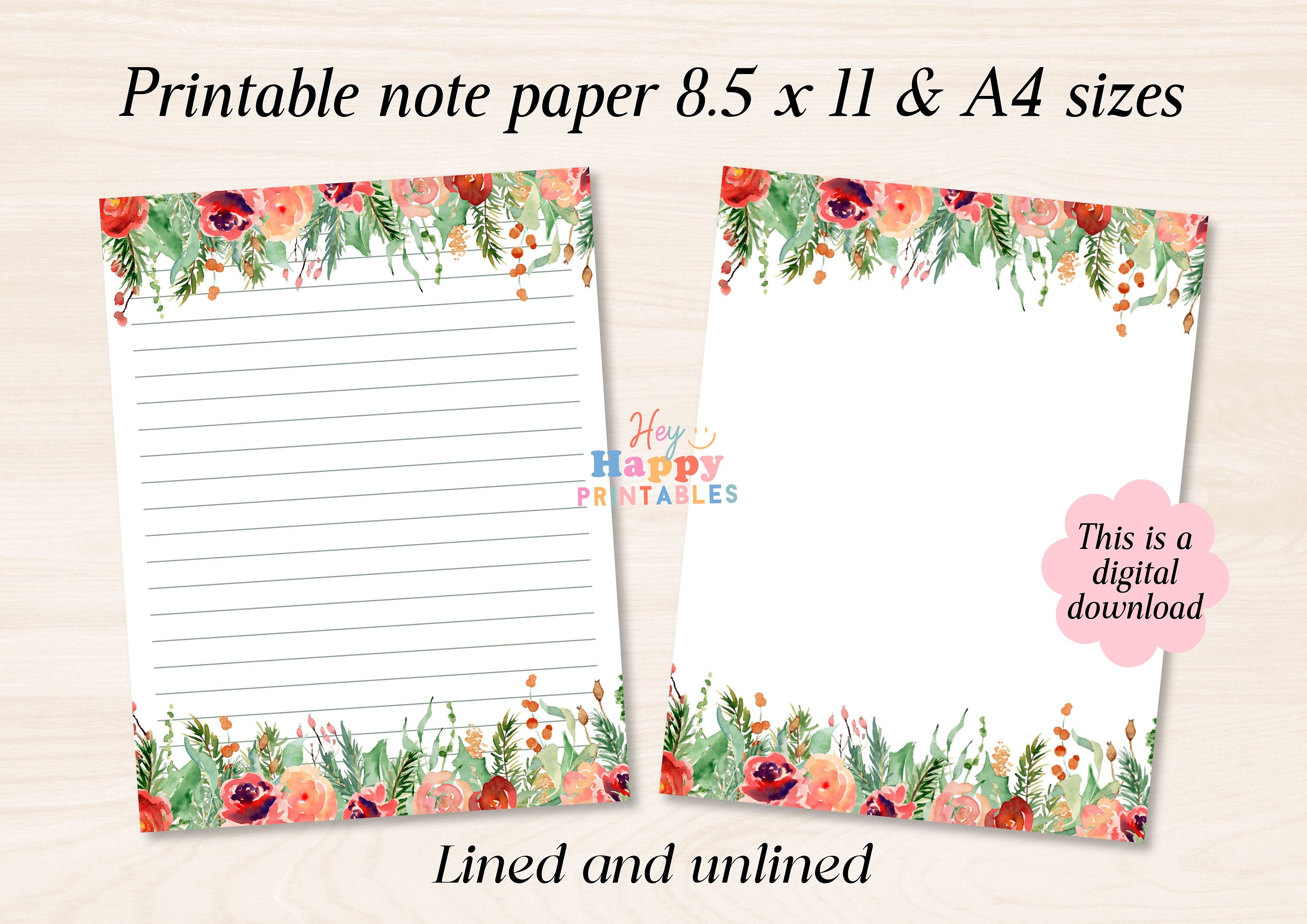 Flower Printable Stationary, Printable Note Paper, Printable Lined Note ...