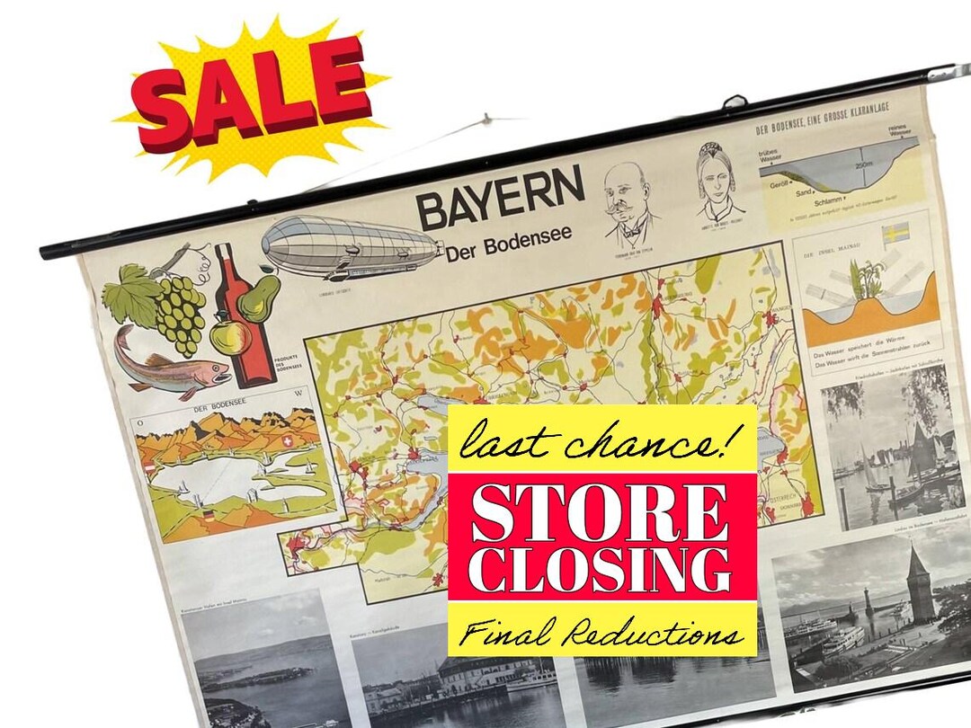 LAST Day! * Vintage Bavarian School Chart: Lake Constance Map - Alpine ...