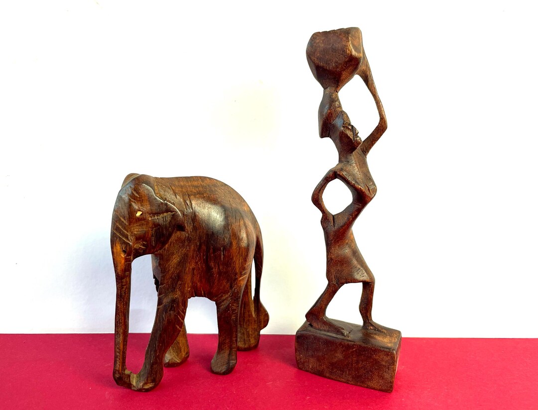 Vintage Carved Wood African Art Figurines Set 2 Handmade Kenyan Wooden ...