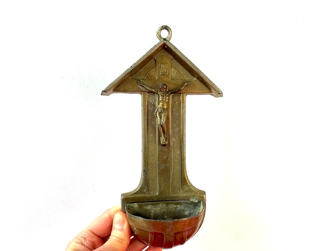 Vintage Large Crucifix Holy Water Font Brass Metal Hanging Stoup With ...