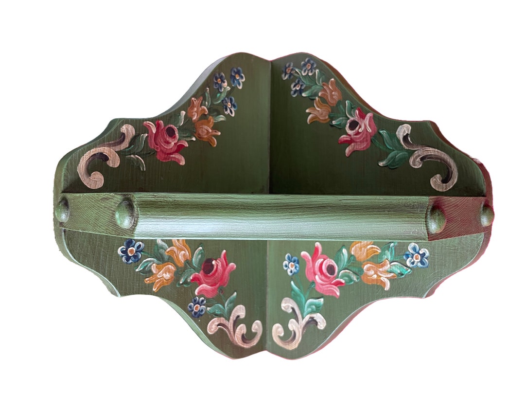 Vintage German Corner Shelf Green Painted With Bavarian Folk Art Wall ...