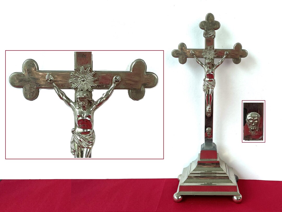 Antique Crucifix Silver Plated Memento Mori BMF German Table Cross ...