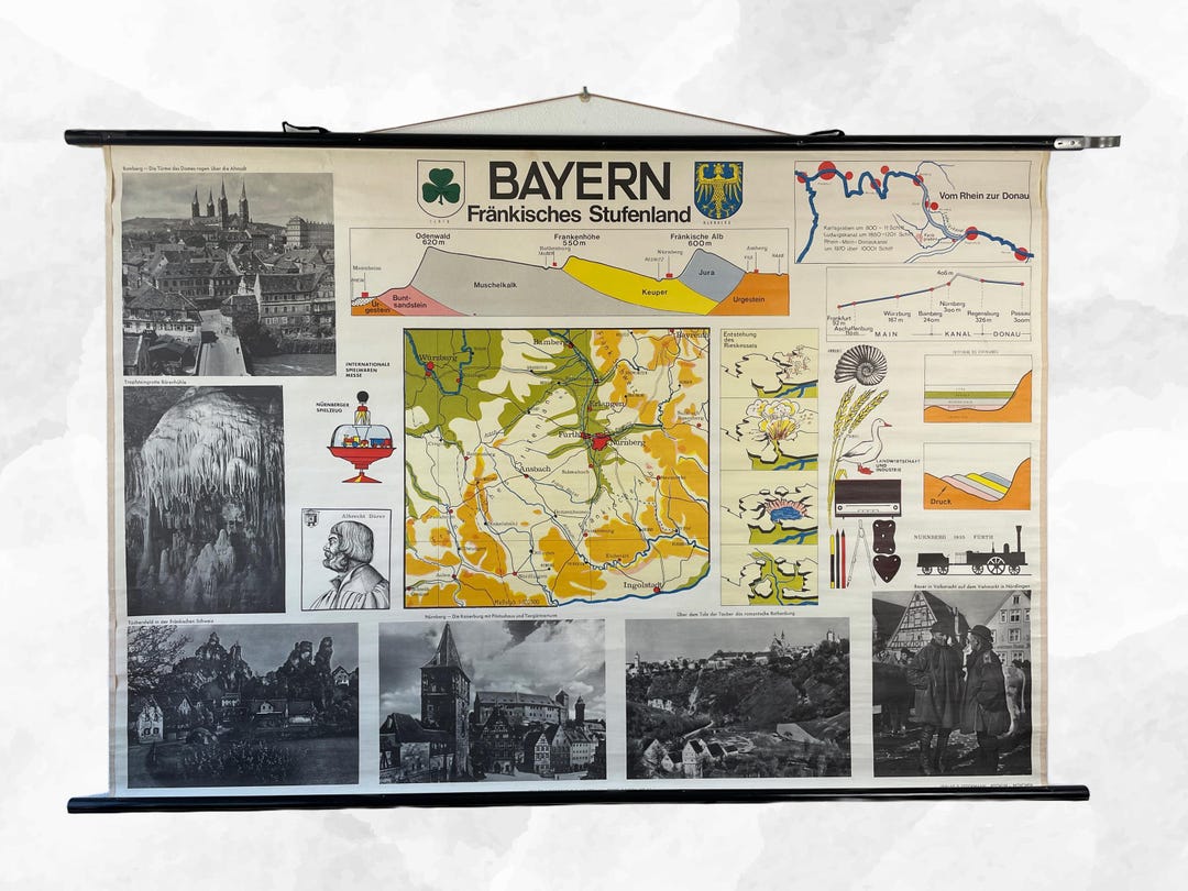 Vintage Bavarian Map Franconia School Chart Educational Linen Pull Down ...