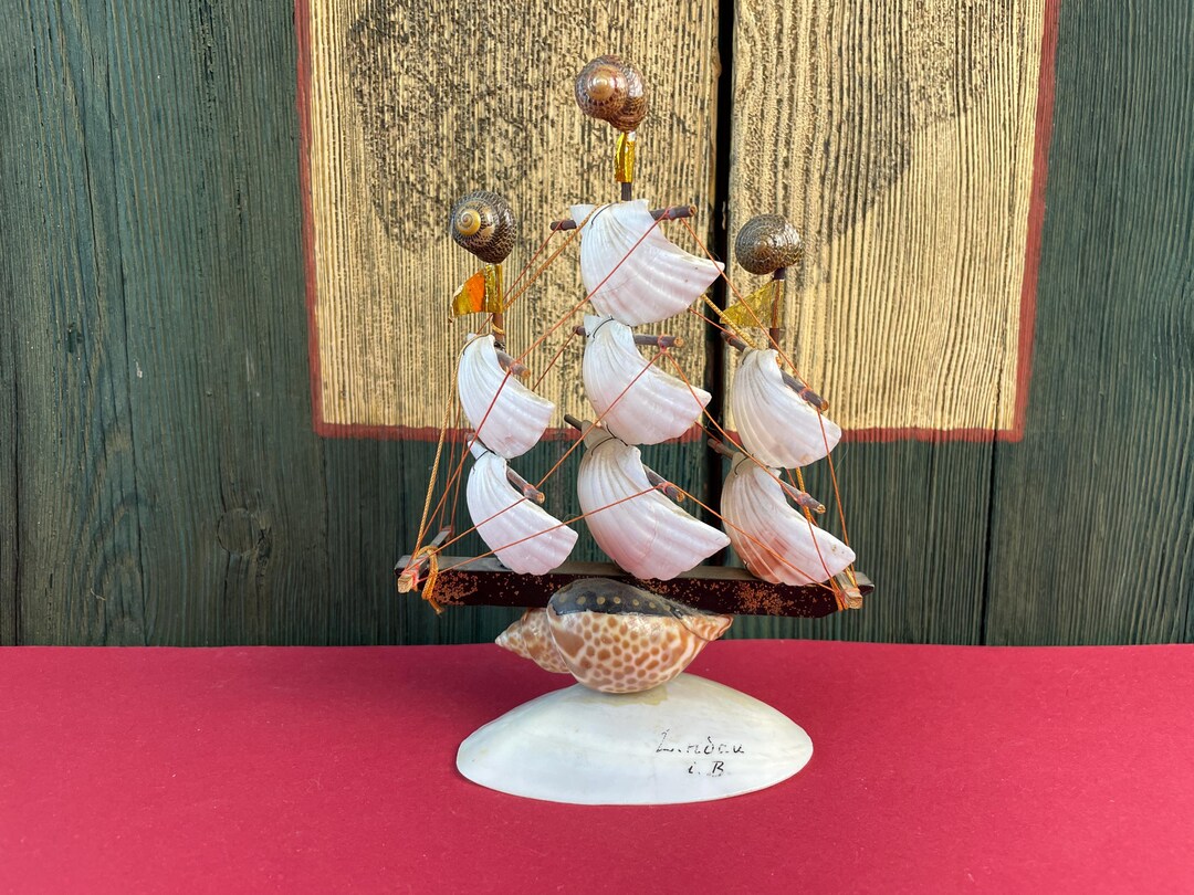 Vintage Ship Figurine With Seashell Sails Small Sailboat Model 3 Masts ...