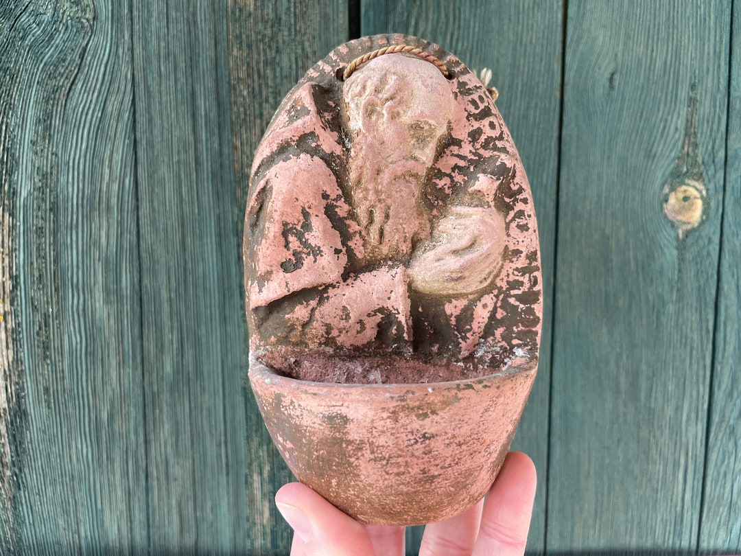 Vintage St Conrad Holy Water Font Rustic Pottery Saint Flat Table Stoup ...