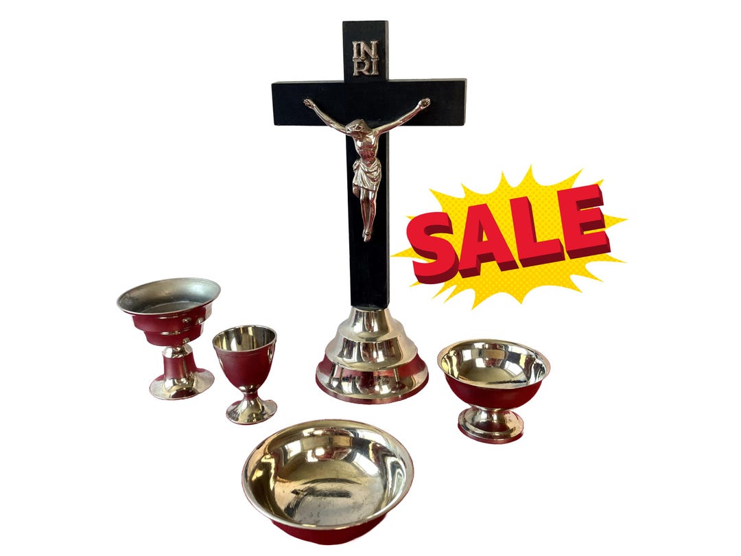 Vintage Religious Altar Set – Chrome Crucifix With Pedestal Bowls – 5 ...
