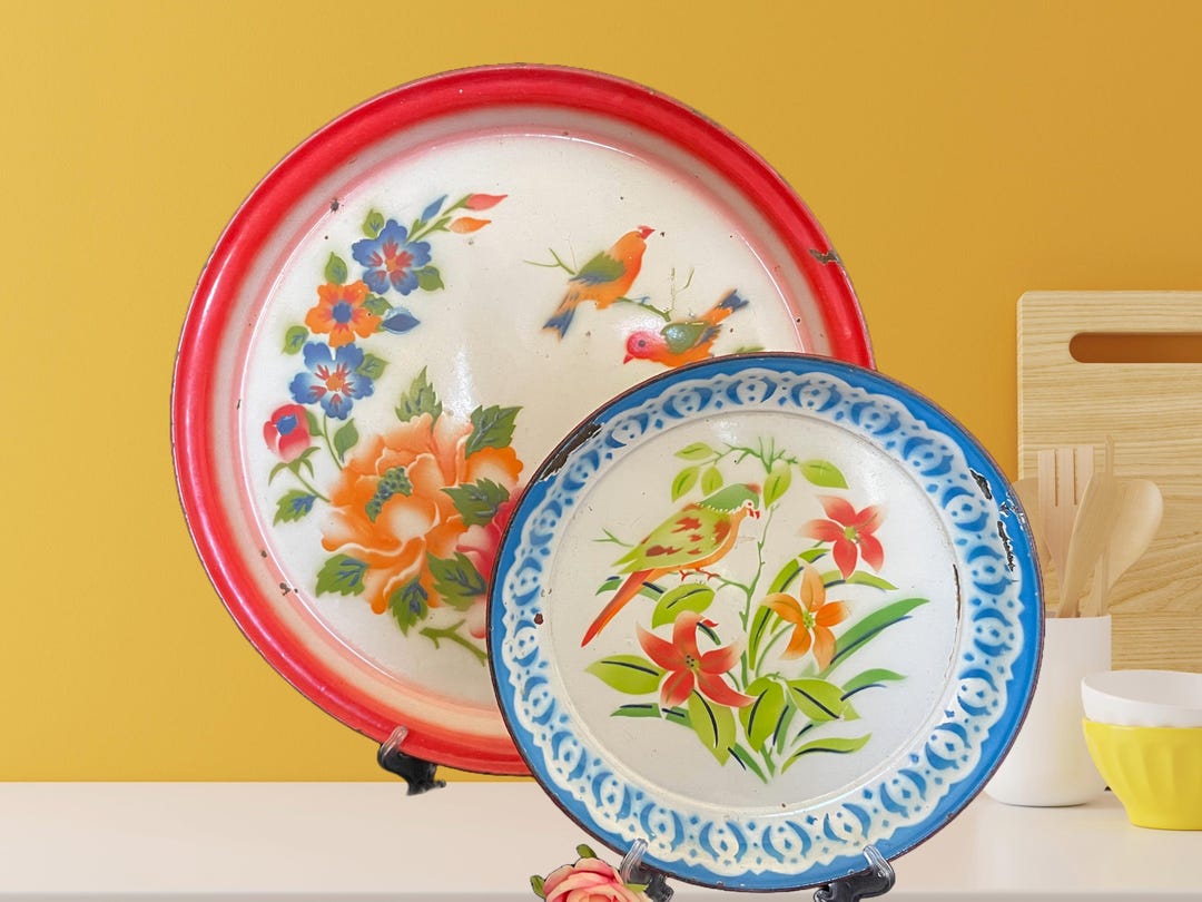 Antique XL Enamel Trays 18" 12" Painted Large Set 2 Metal Serving Trays ...
