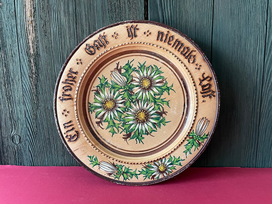 Vintage Painted Pyrography Wood Plate Silver Thistle Flower Rustic ...