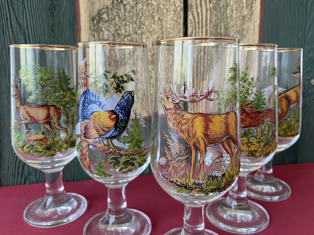 Vintage German Stemmed Beer Glass Set 5 Nature Hunting Theme Bavarian ...