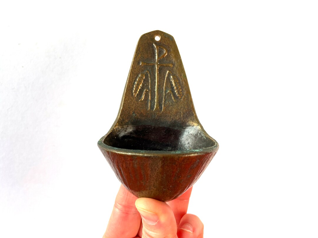 Vintage Brass Holy Water Font With Chi Rho Wheat Bronze Wall Hanging ...