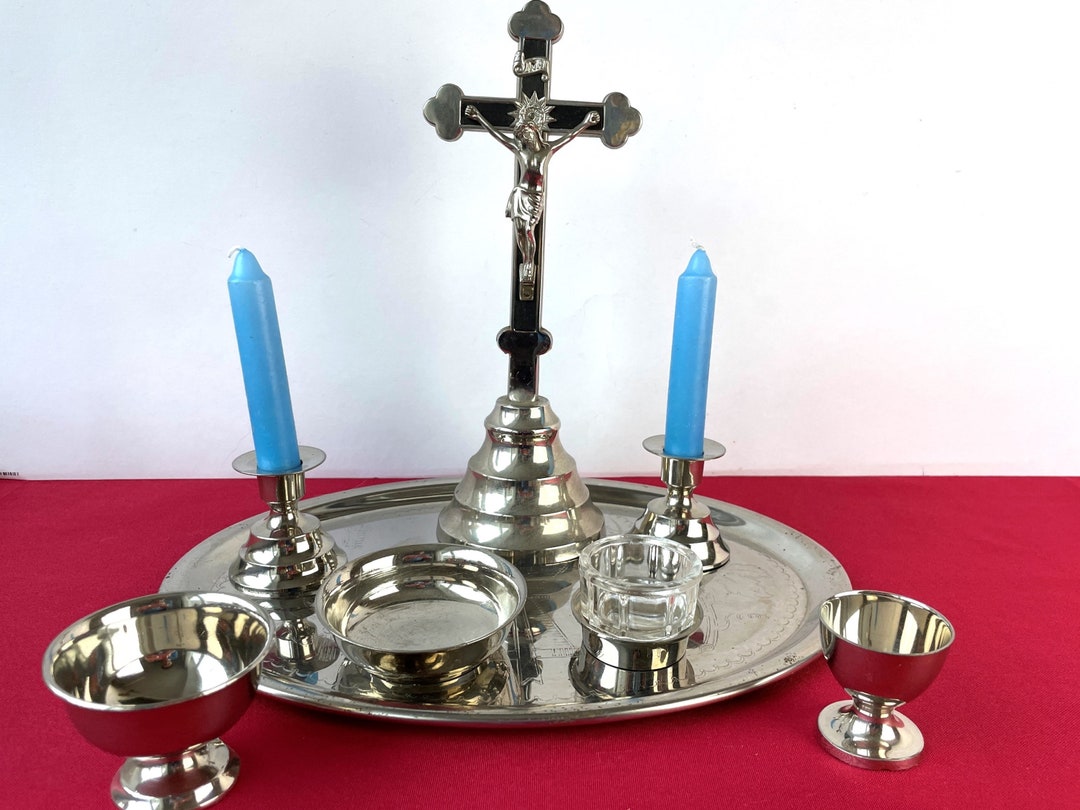 Vintage Home Altar Set With Holy Water Font Crucifix Candleholders ...