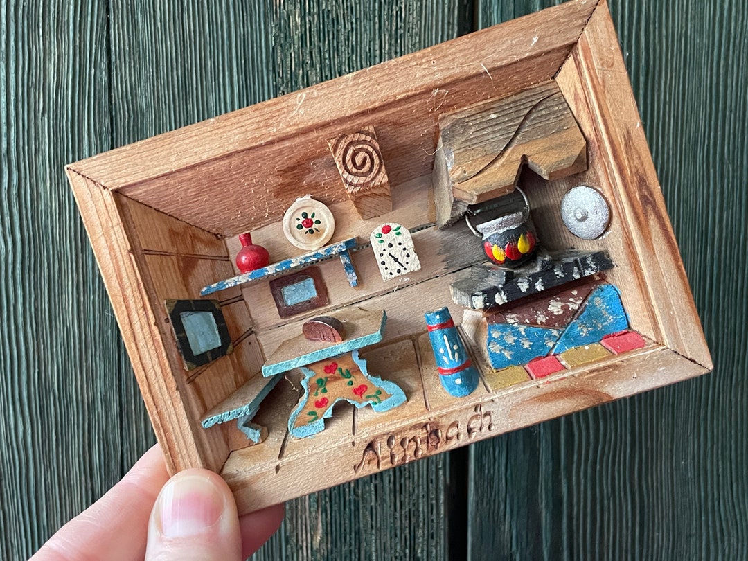 HOLD Vintage Alpine Diorama Rustic Wall Art 3D Handmade Wood Carving ...
