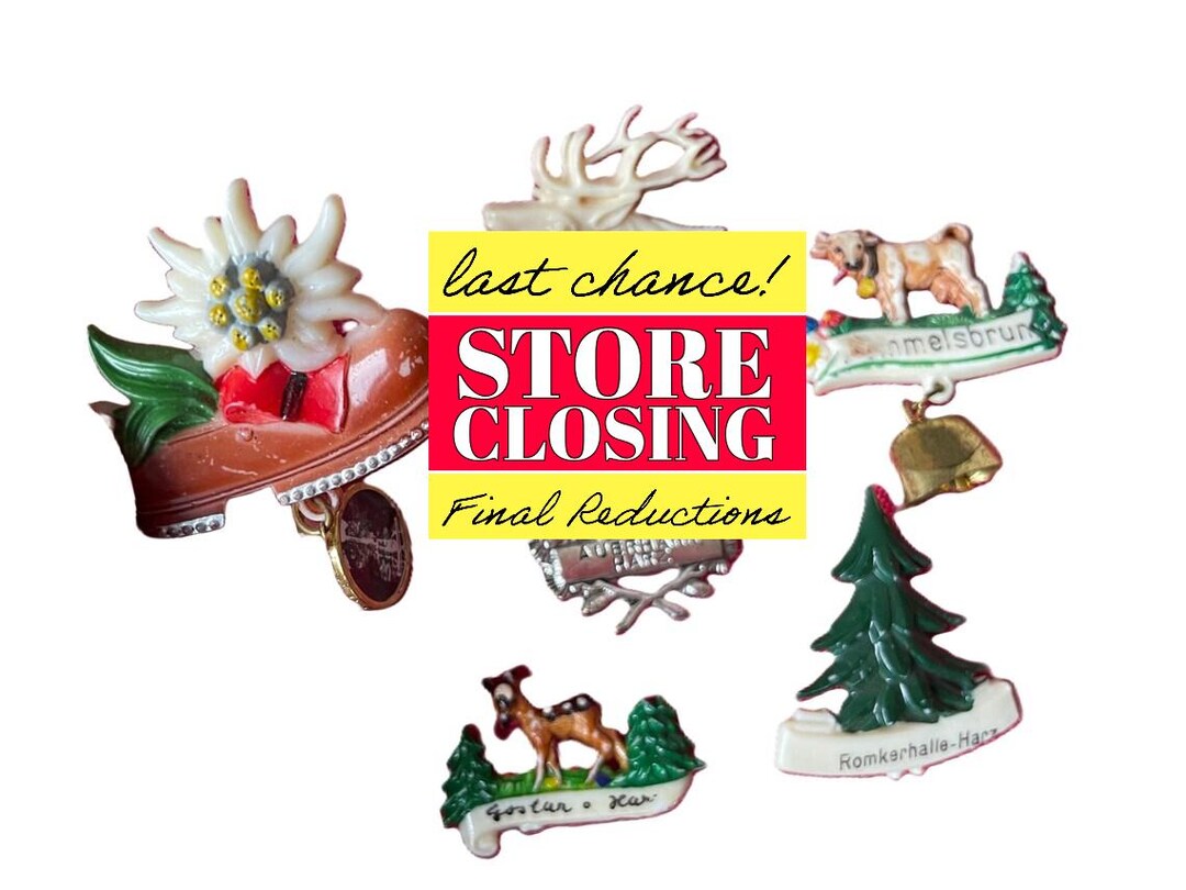 LAST Day! * Vintage German Hat Pin, Plastic: Edelweiss Shoe, Cow Bell ...