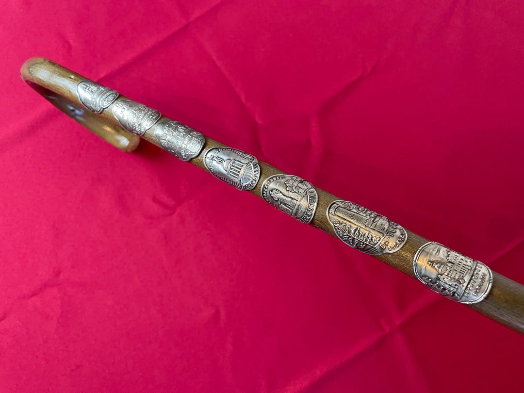 Vintage Hiking Pole Silver Medallions Wooden Walking Stick German Metal ...
