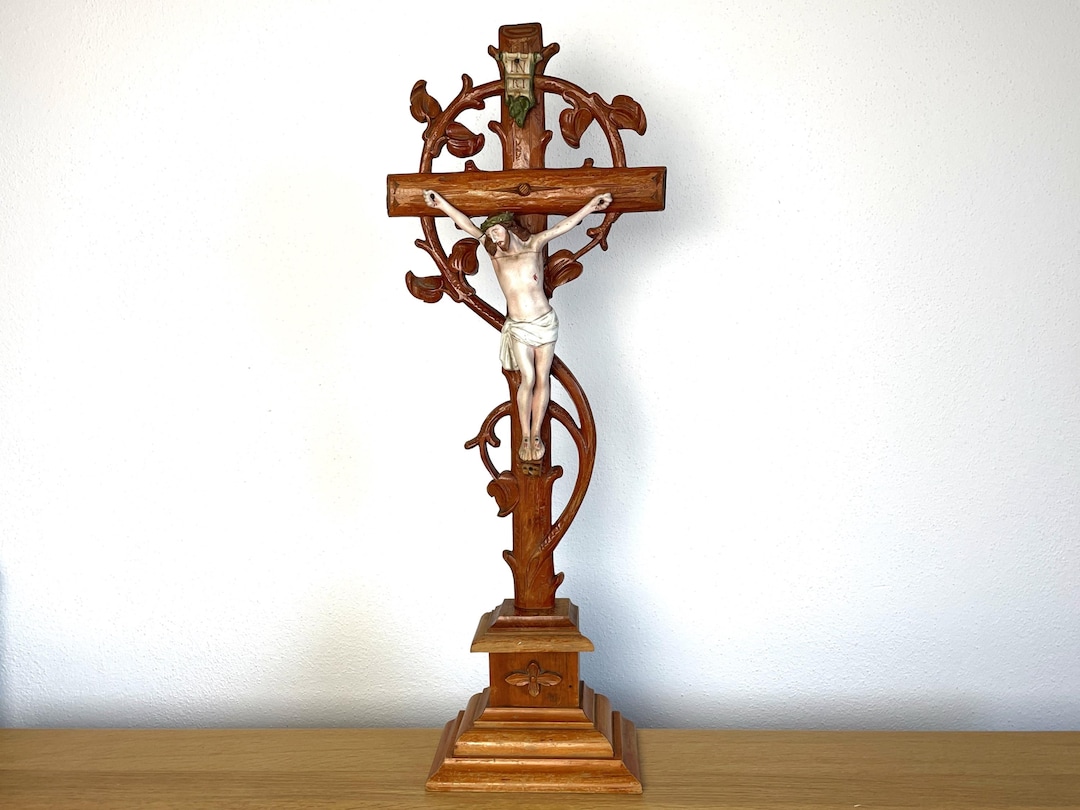 Antique 25" Crucifix Carved Wood Germany Porcelain Art Nouveau Cross ...