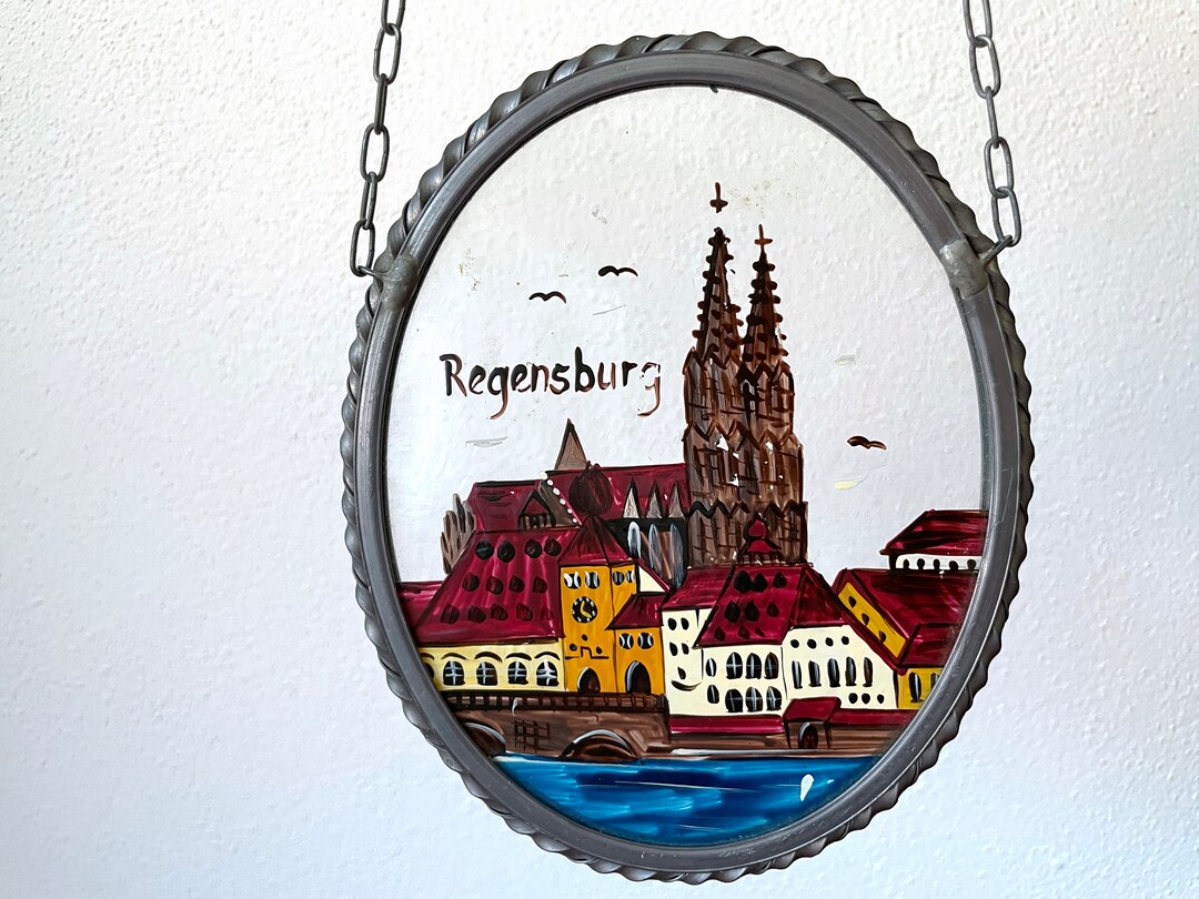 Vintage Bavarian Stained Glass Style Window Hanging Regensburg City ...