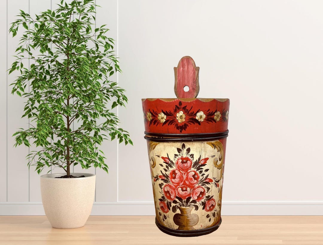 Vintage Red Umbrella Stand With Germany Folk Art Red Painted Flowers ...