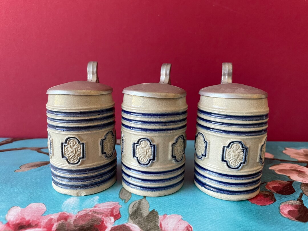 Vintage Set 3 Mini Beer Steins Schnapps Glasses With Pewter Lids Salt ...