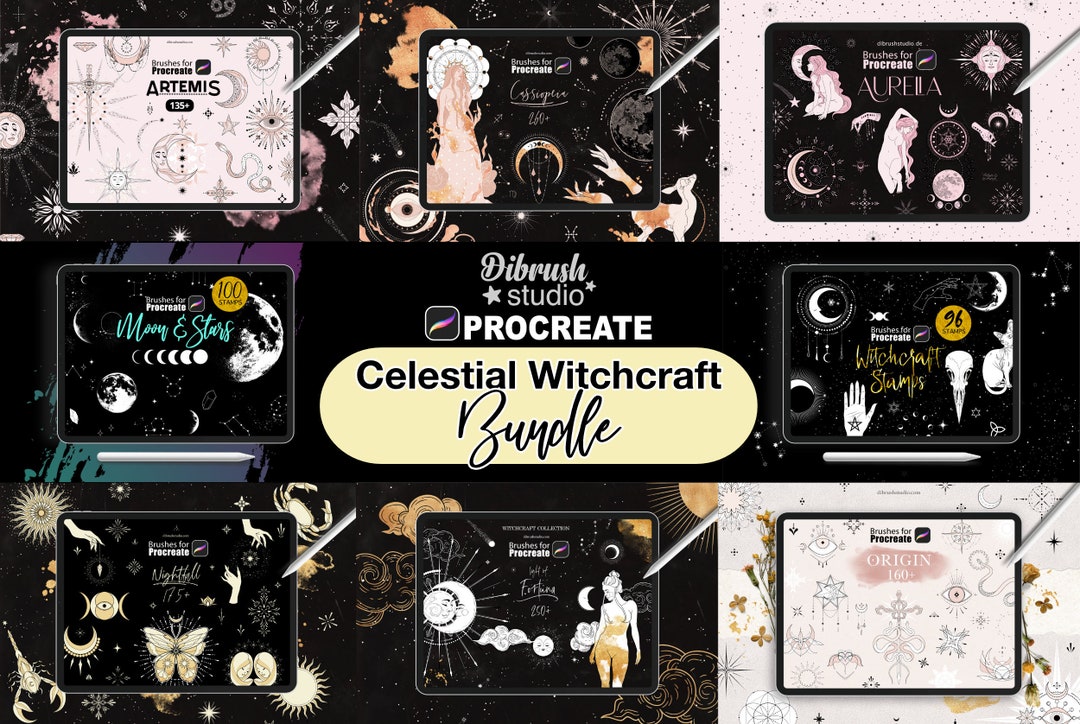Procreate Bundle Witchcraft Celestial Brushes, Fineline Tattoo, Magic Eye, Tarot, Moon, Stars ...