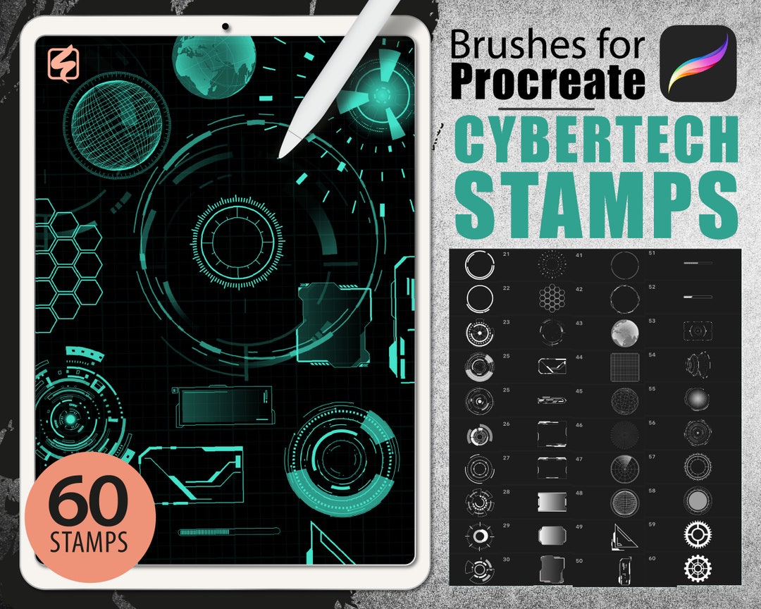 60 Procreate Brushes - Cyber Tech Stamps Tattoo Pattern Brush ...