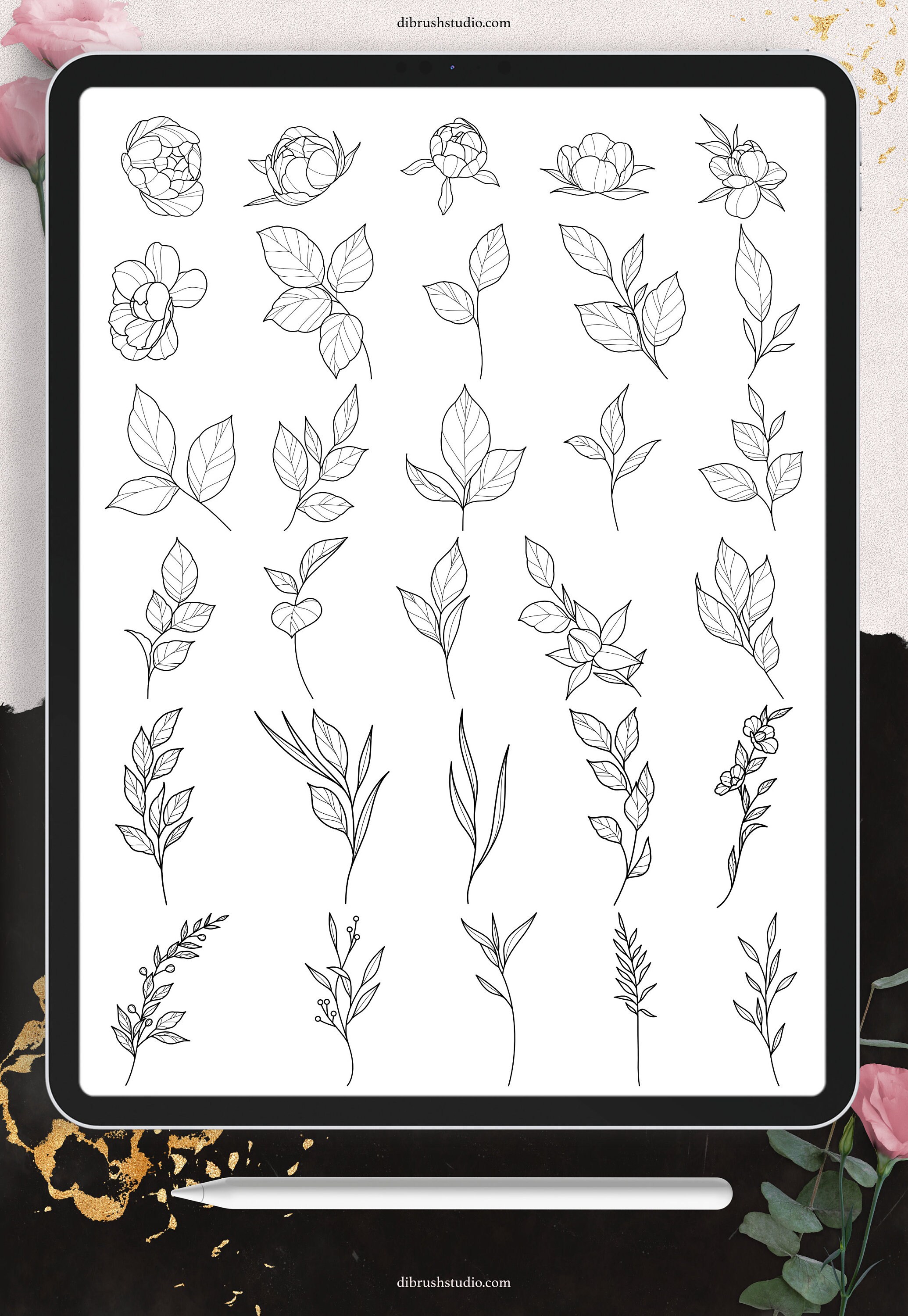 Procreate 60 Peony Tattoo Stamps Commercial Use Procreate | Etsy