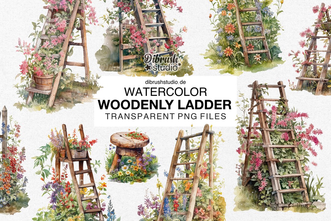 Watercolor Spring Ladder PNG, Flowered Woodenly Ladder Stool Clipart ...