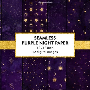 Purple Night Digital Paper Seamless Textures, Celestial Watercolor ...