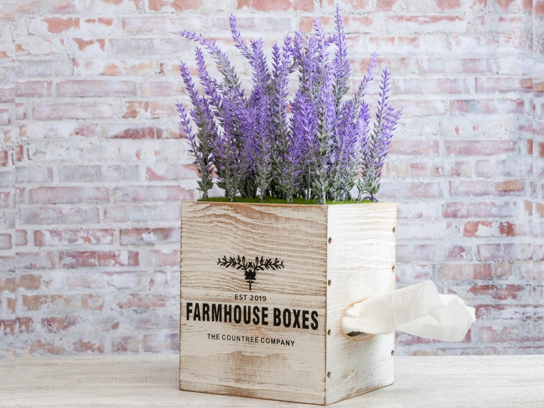 3-IN-1 Potted Lavender Wooden Tissue Box Cover Square Wood Grey Kleenex ...
