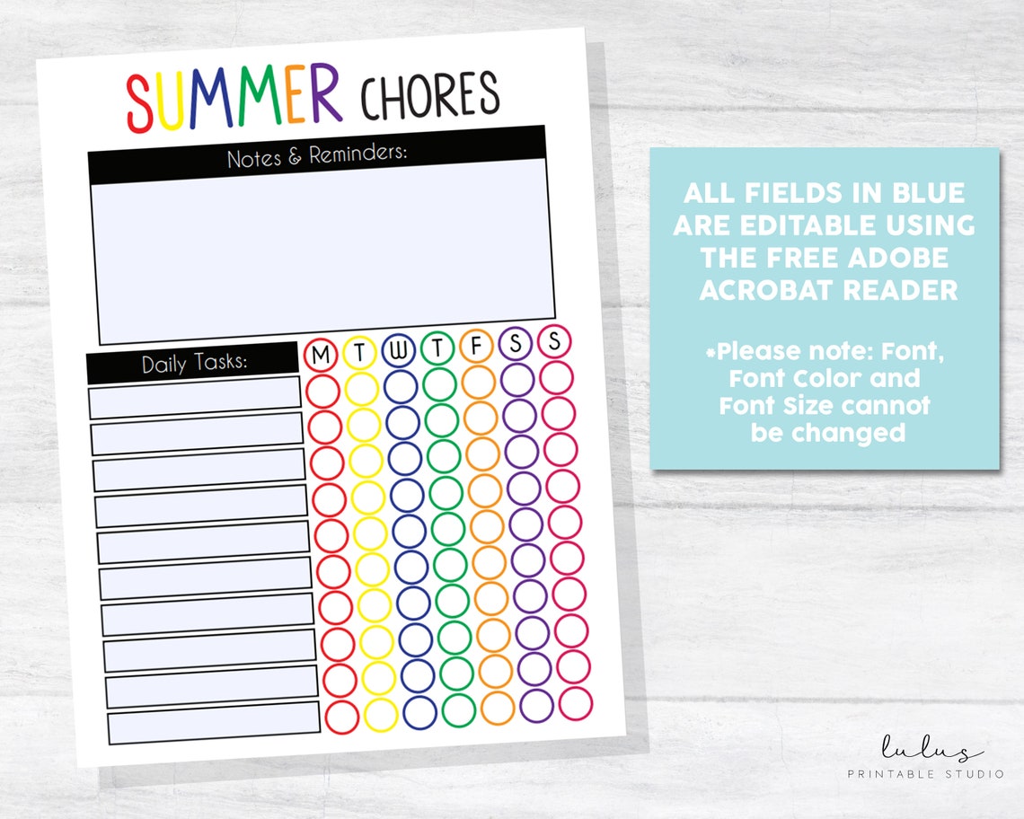 Summer Chore Chart Printable Chore Chart Editable Chore - Etsy