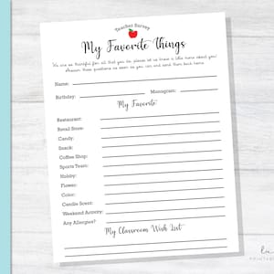 Teacher Survey, Printable Teacher's Favorite Things, Teacher ...
