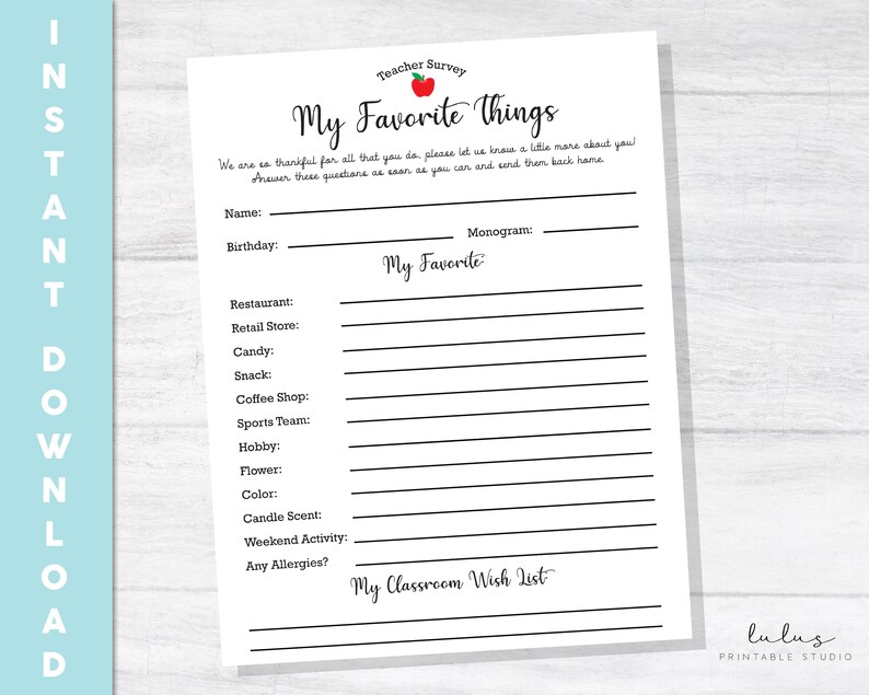 Teacher Survey Printable Teacher's Favorite Things - Etsy